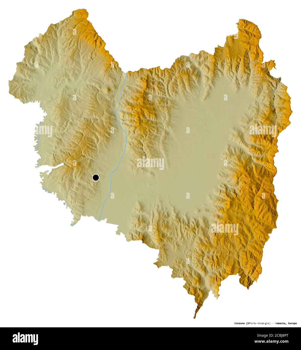 Shape of Covasna, county of Romania, with its capital isolated on white ...