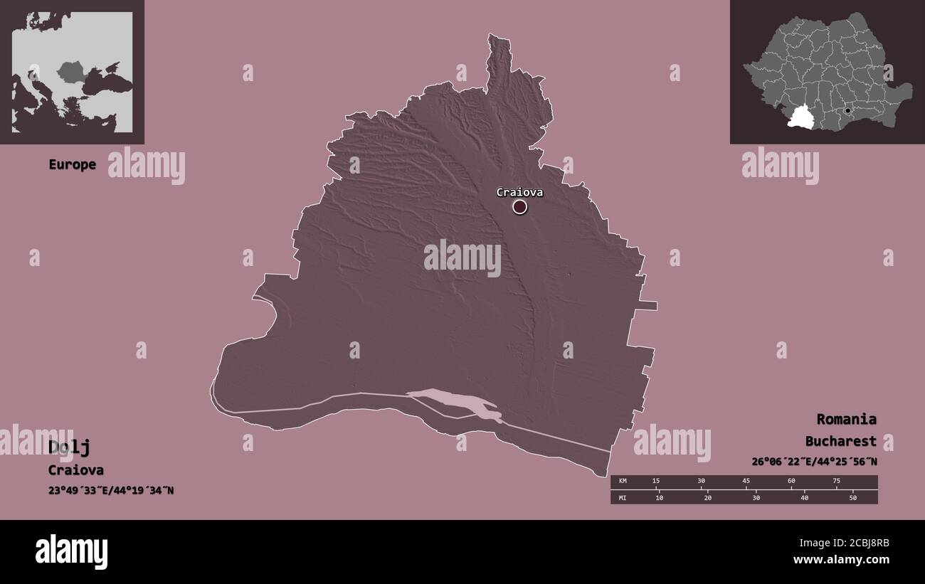 Shape of Dolj, county of Romania, and its capital. Distance scale ...
