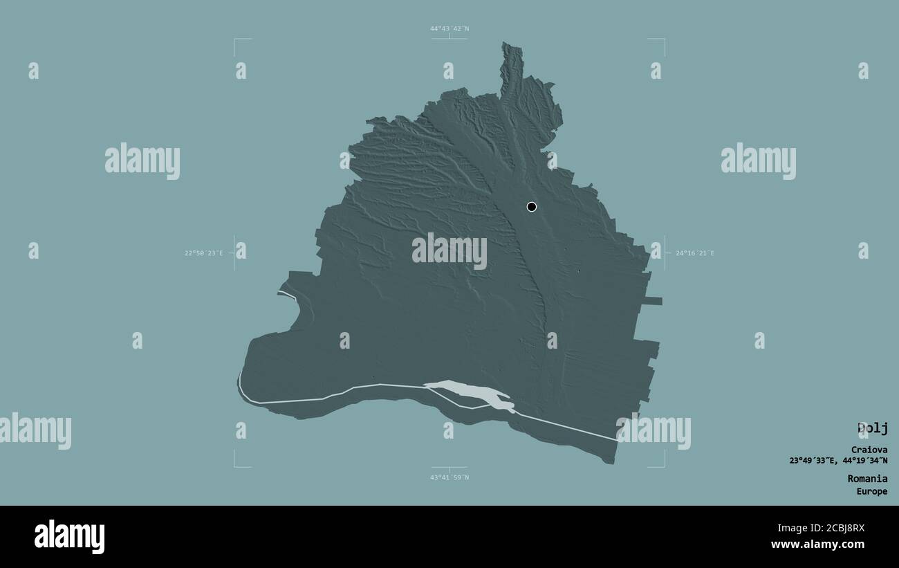 Area of Dolj, county of Romania, isolated on a solid background in a ...