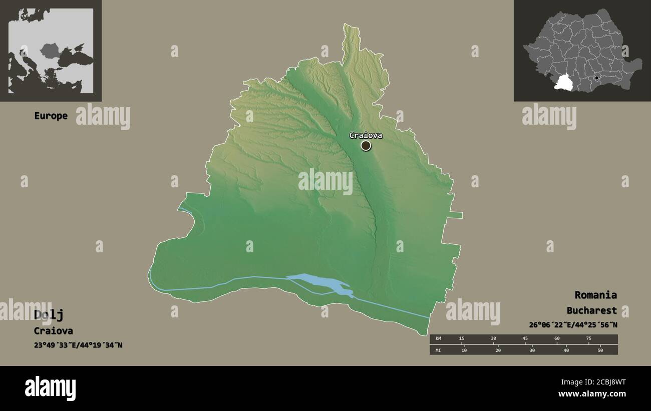 Shape of Dolj, county of Romania, and its capital. Distance scale ...