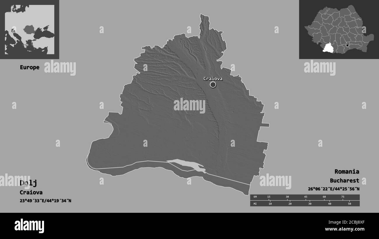 Shape of Dolj, county of Romania, and its capital. Distance scale ...