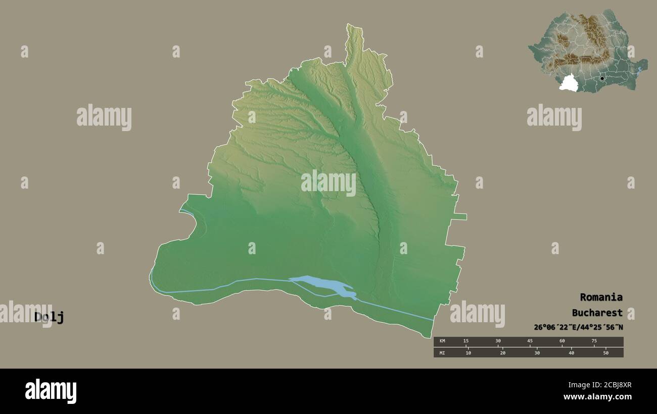 Shape of Dolj, county of Romania, with its capital isolated on solid ...