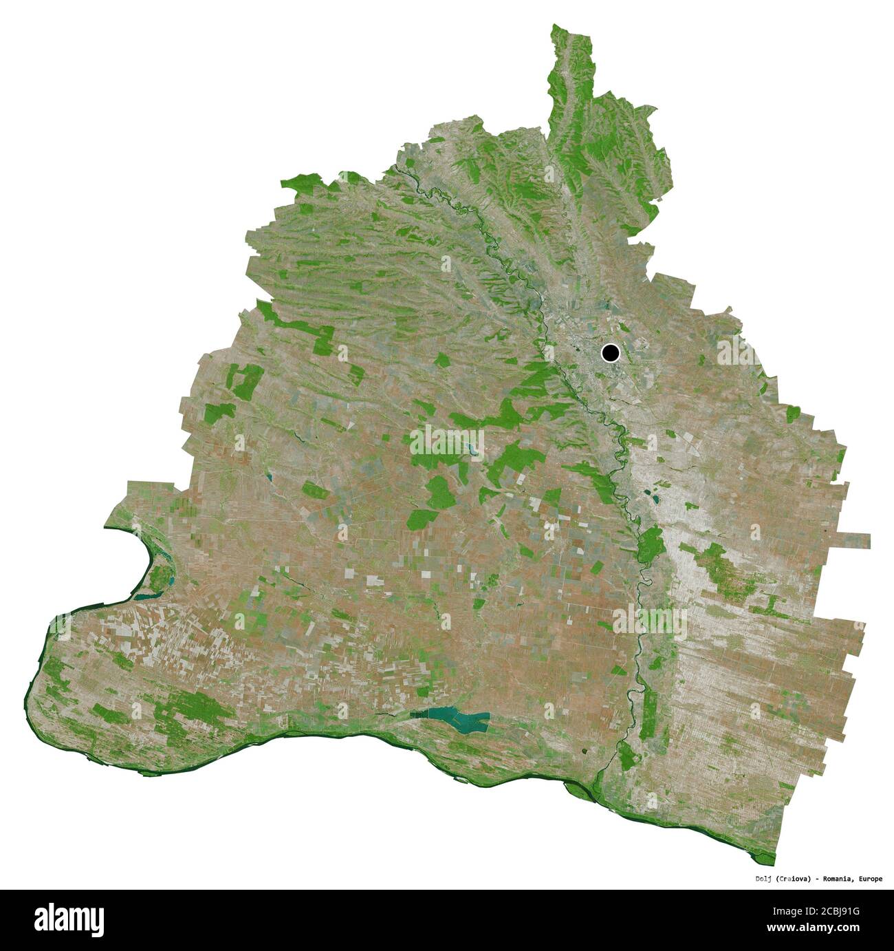 Shape of Dolj, county of Romania, with its capital isolated on white ...