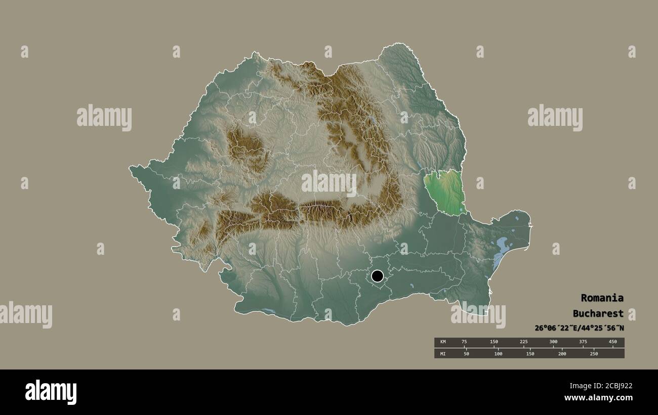 Desaturated shape of Romania with its capital, main regional division ...