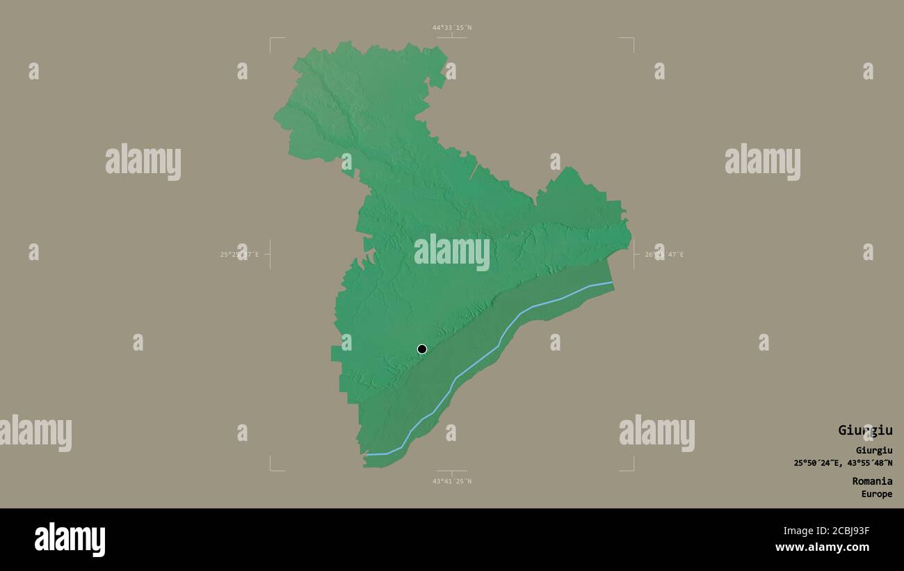 Area of Giurgiu, county of Romania, isolated on a solid background in a ...