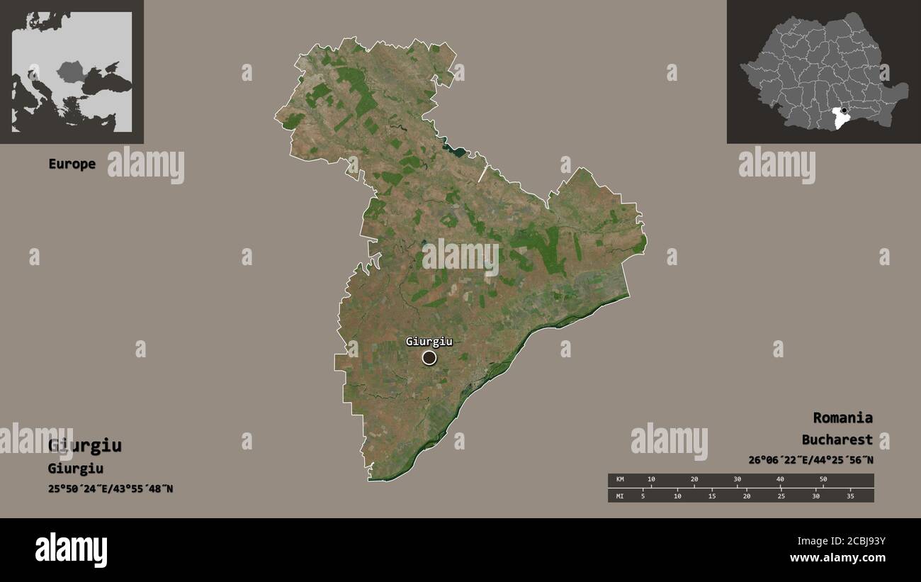 Shape of Giurgiu, county of Romania, and its capital. Distance scale ...