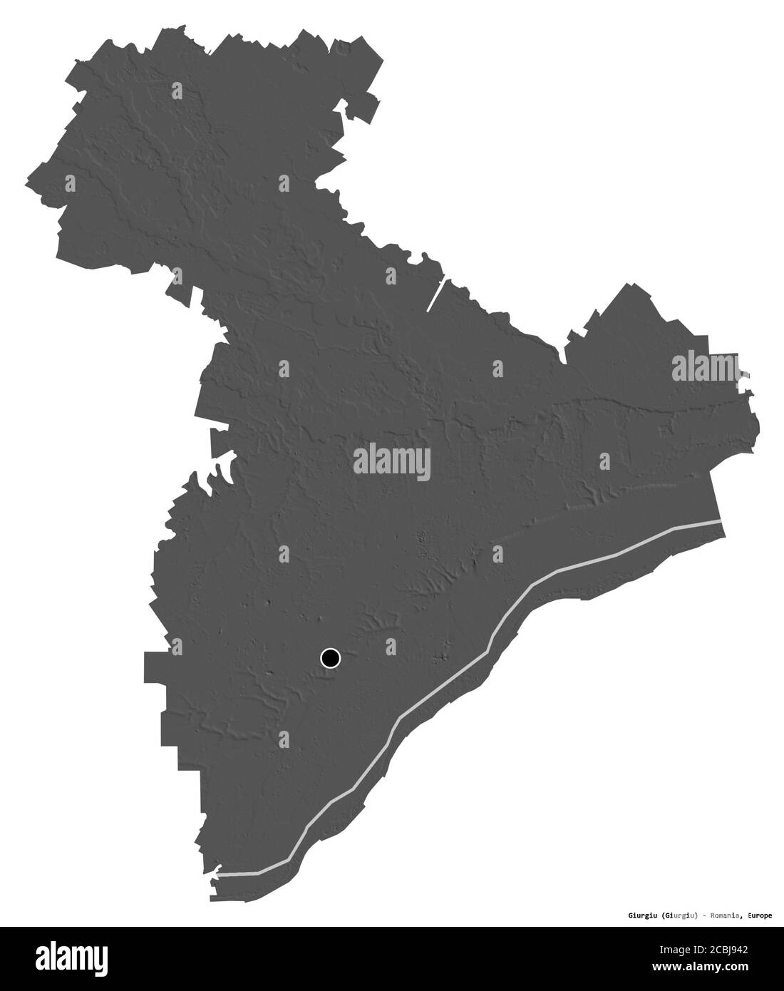 Shape of Giurgiu, county of Romania, with its capital isolated on white ...