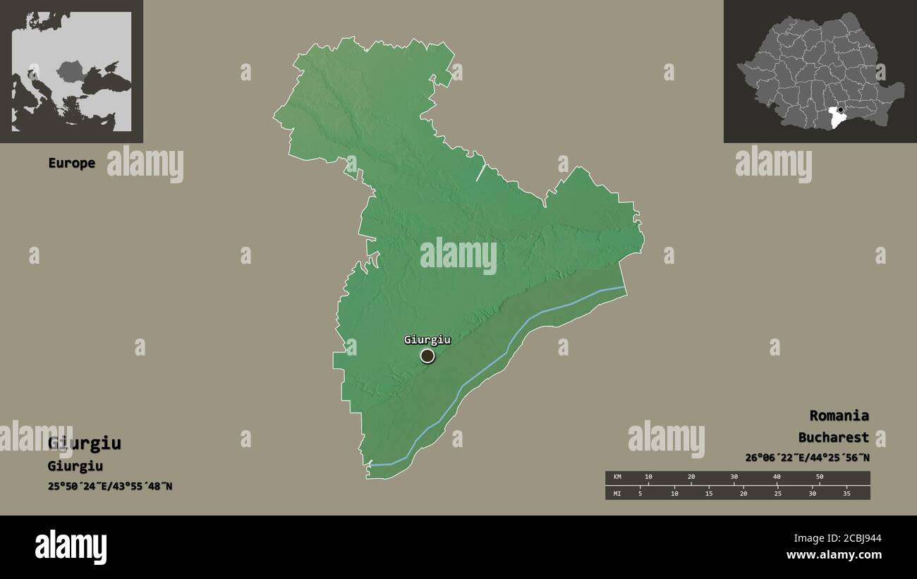 Shape of Giurgiu, county of Romania, and its capital. Distance scale ...