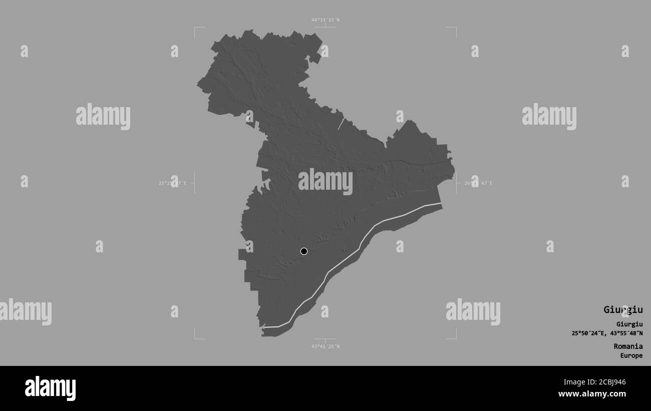 Area of Giurgiu, county of Romania, isolated on a solid background in a ...