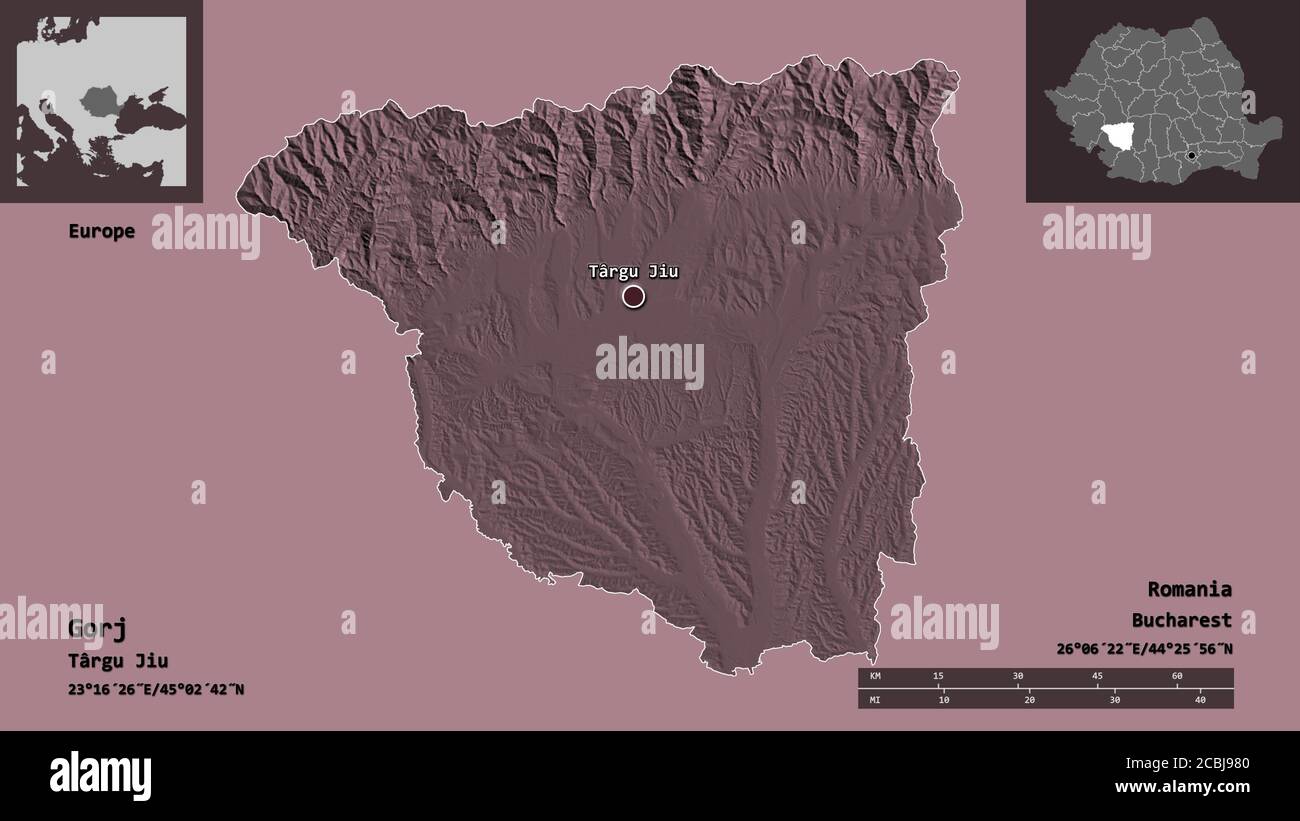 Shape of Gorj, county of Romania, and its capital. Distance scale ...