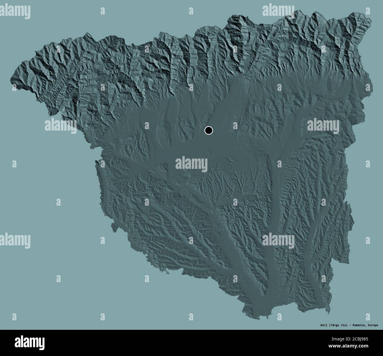 Shape of Gorj, county of Romania, with its capital isolated on a solid ...