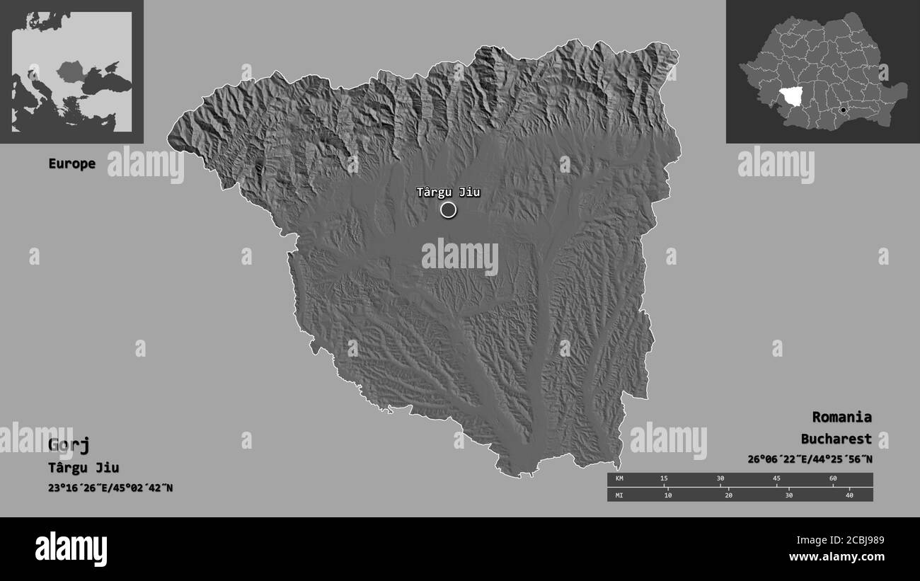 Shape of Gorj, county of Romania, and its capital. Distance scale ...