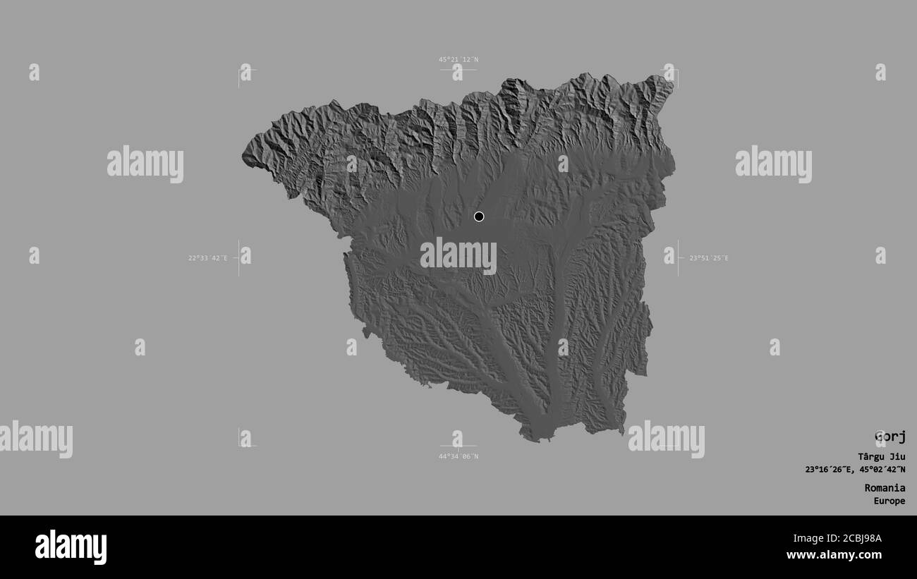 Area of Gorj, county of Romania, isolated on a solid background in a ...