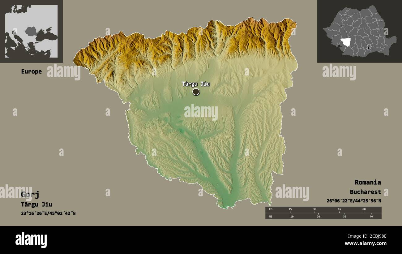 Shape of Gorj, county of Romania, and its capital. Distance scale ...