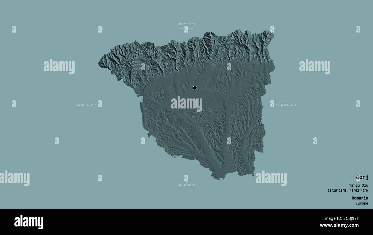 Area of Gorj, county of Romania, isolated on a solid background in a ...