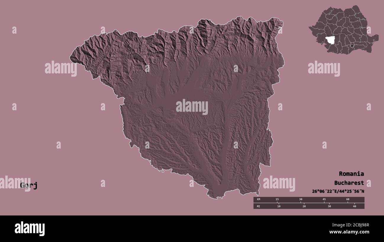 Shape of Gorj, county of Romania, with its capital isolated on solid ...