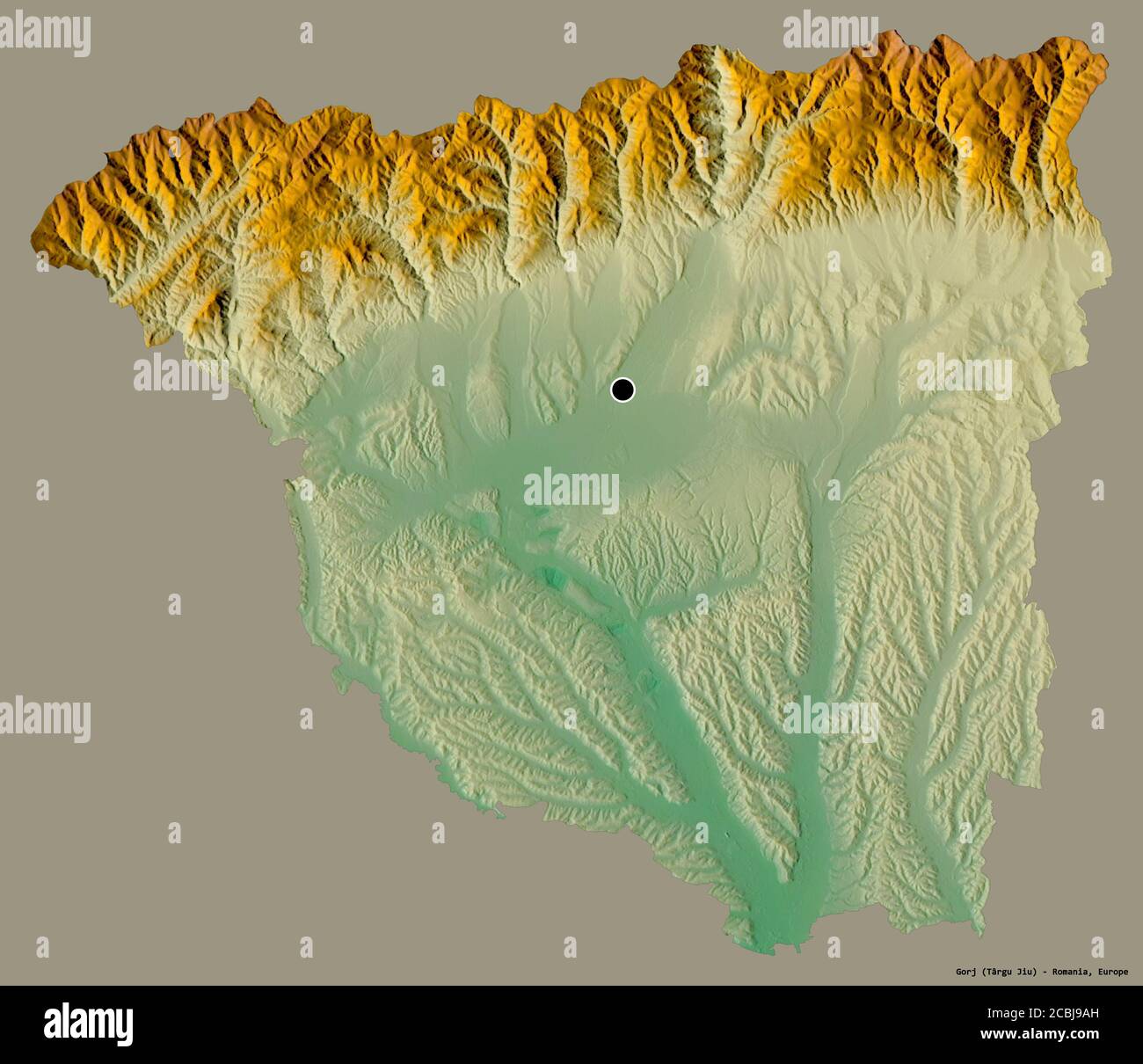 Shape of Gorj, county of Romania, with its capital isolated on a solid ...