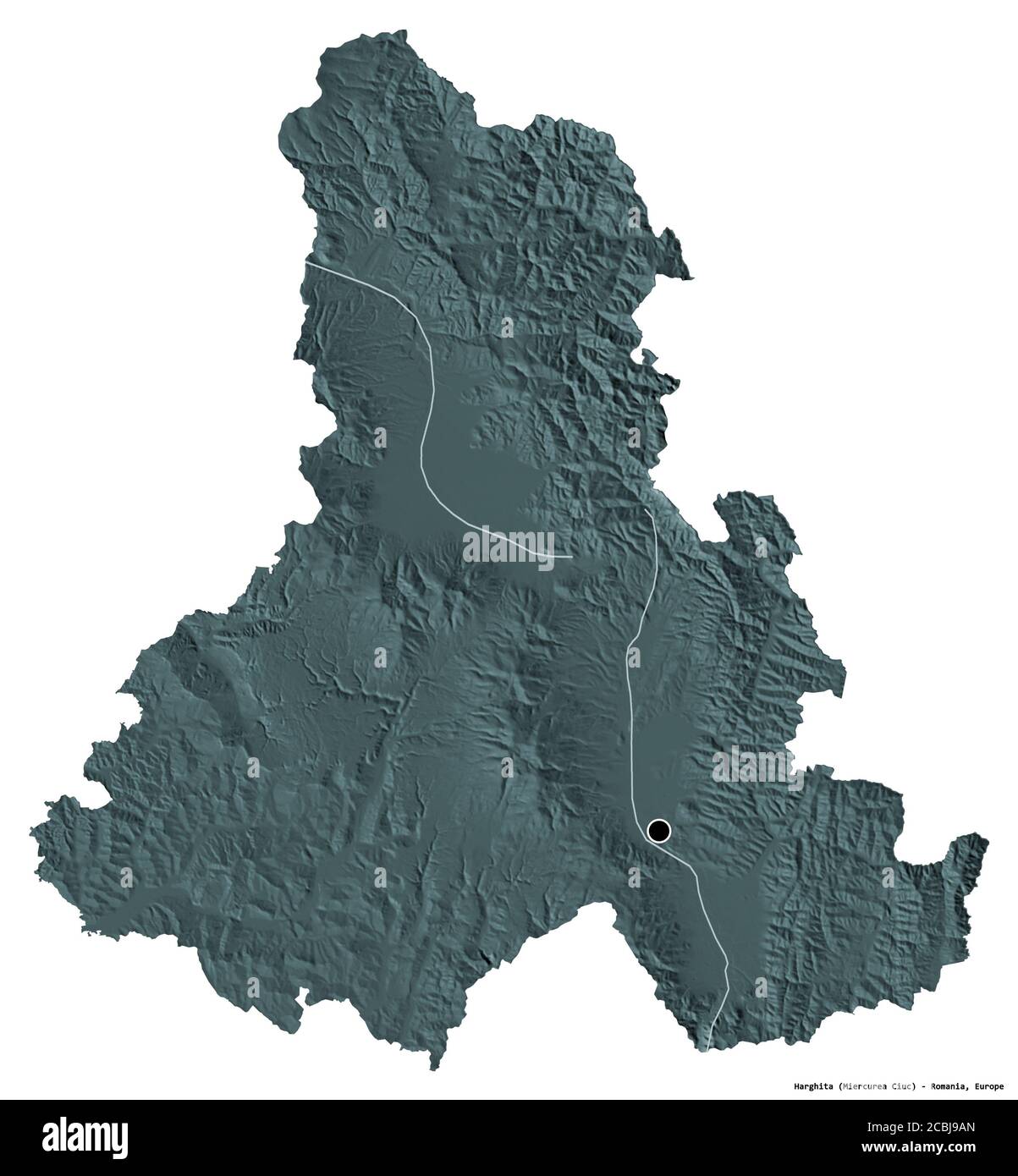 Shape of Harghita, county of Romania, with its capital isolated on ...