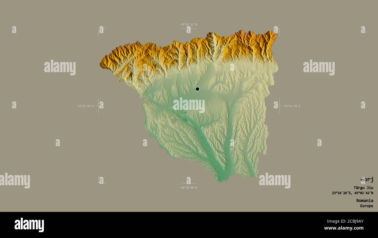 Area of Gorj, county of Romania, isolated on a solid background in a ...