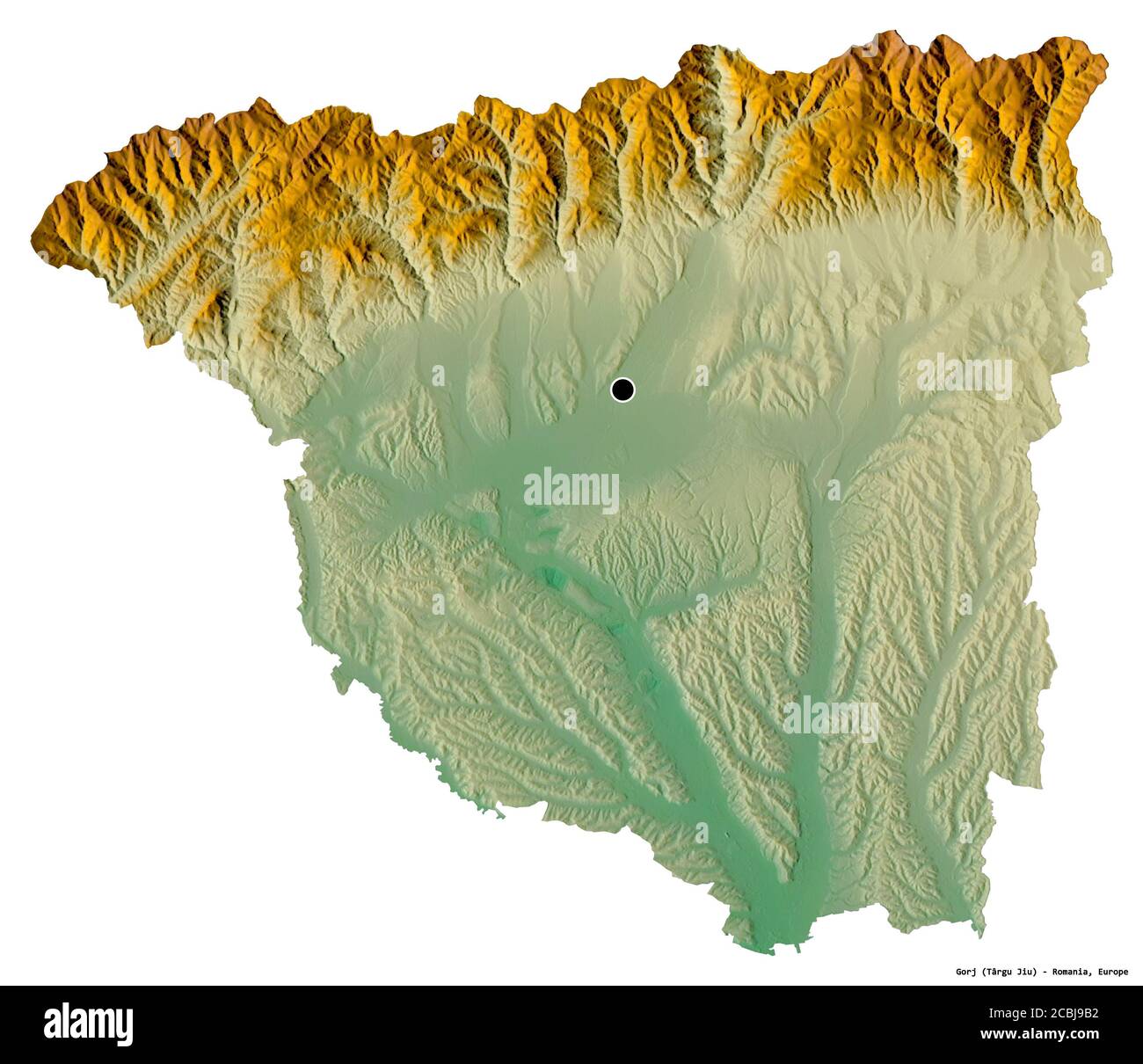 Shape of Gorj, county of Romania, with its capital isolated on white ...