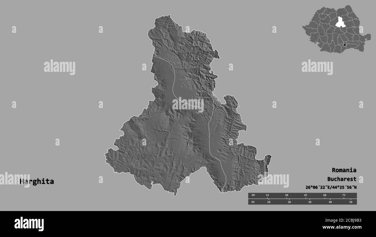 Shape of Harghita, county of Romania, with its capital isolated on ...