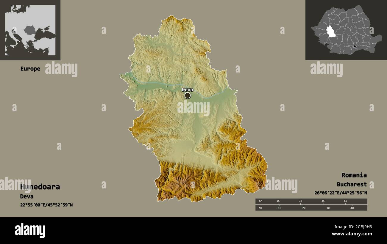Shape of Hunedoara, county of Romania, and its capital. Distance scale ...