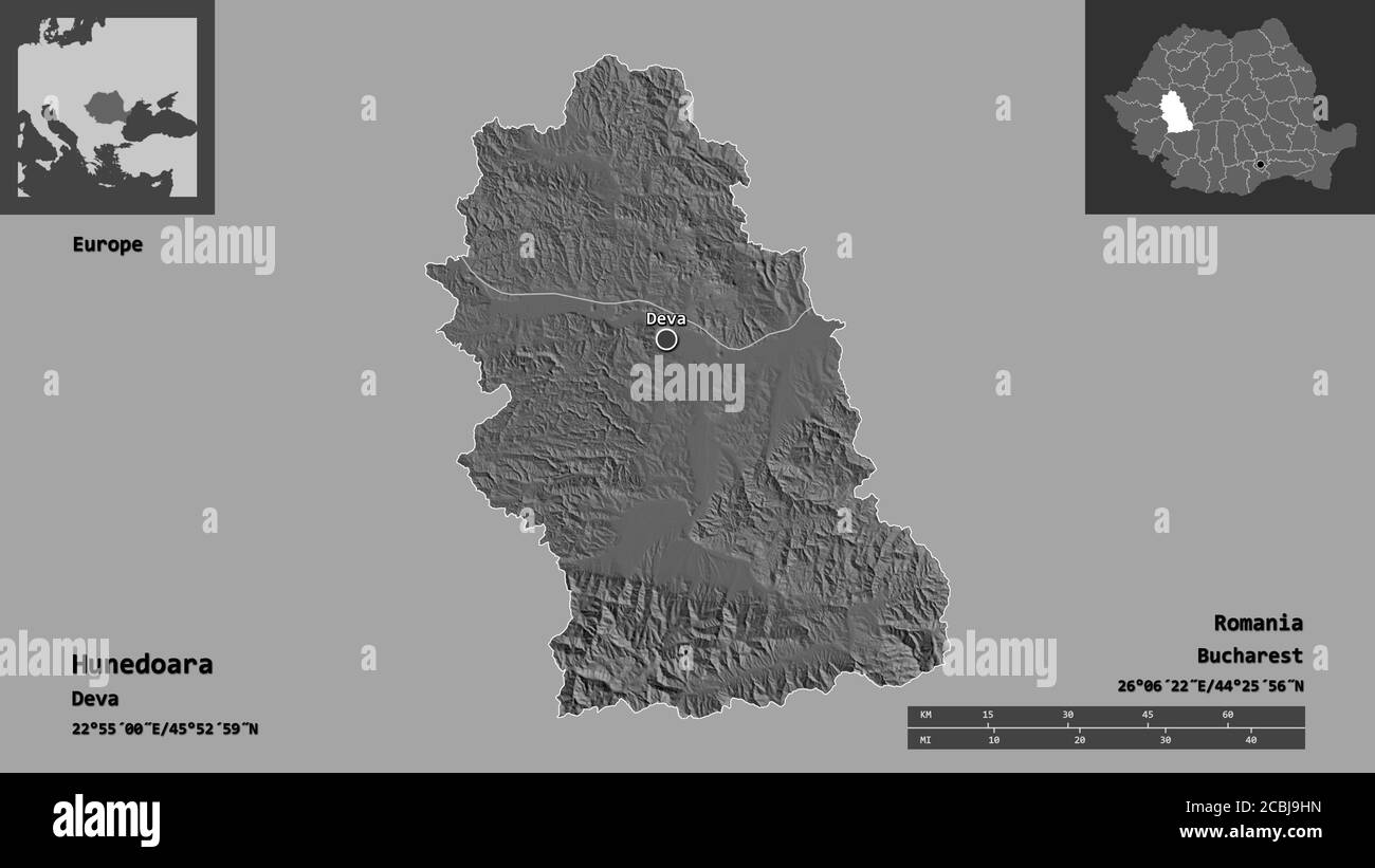 Shape of Hunedoara, county of Romania, and its capital. Distance scale ...