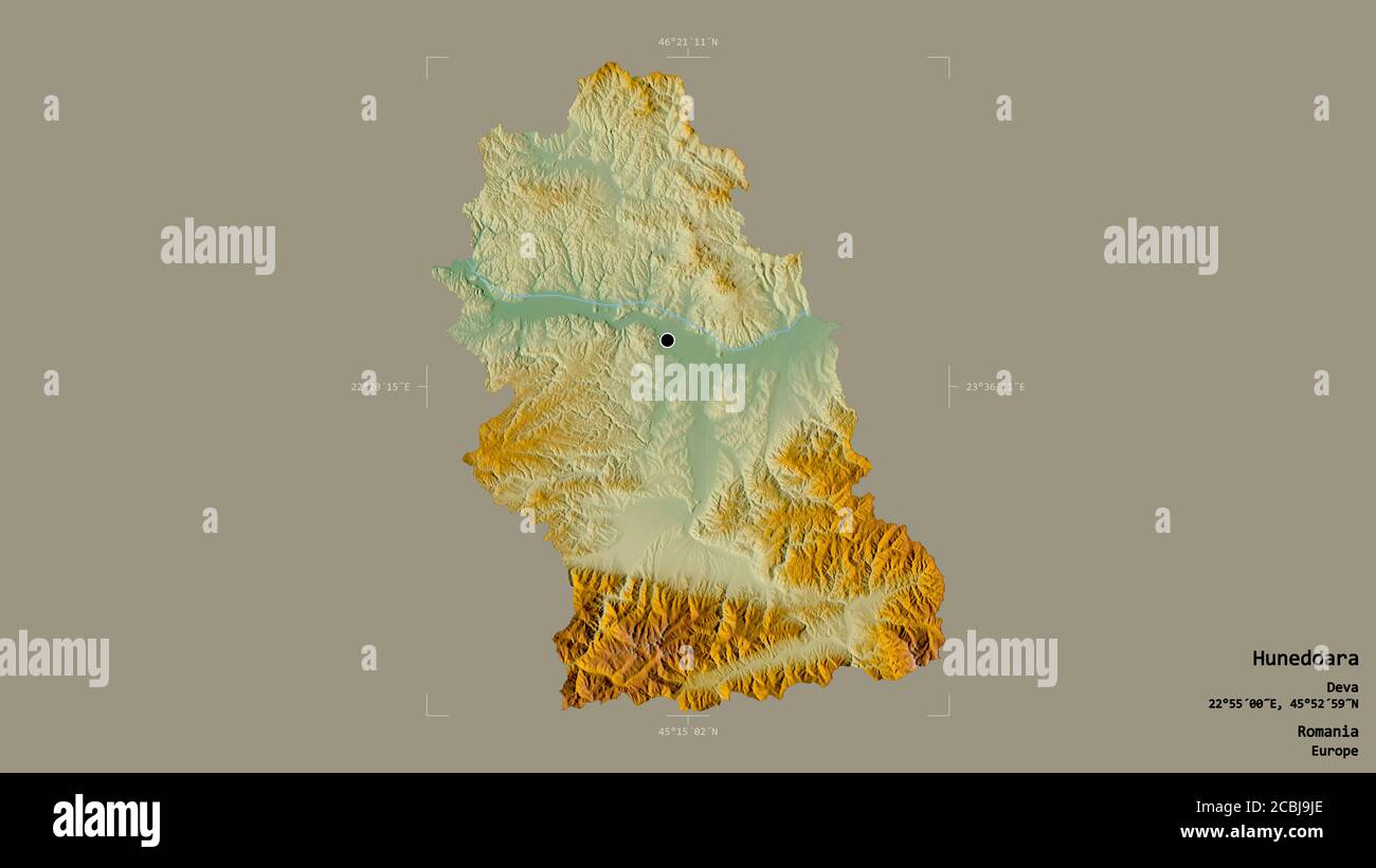 Area of Hunedoara, county of Romania, isolated on a solid background in ...