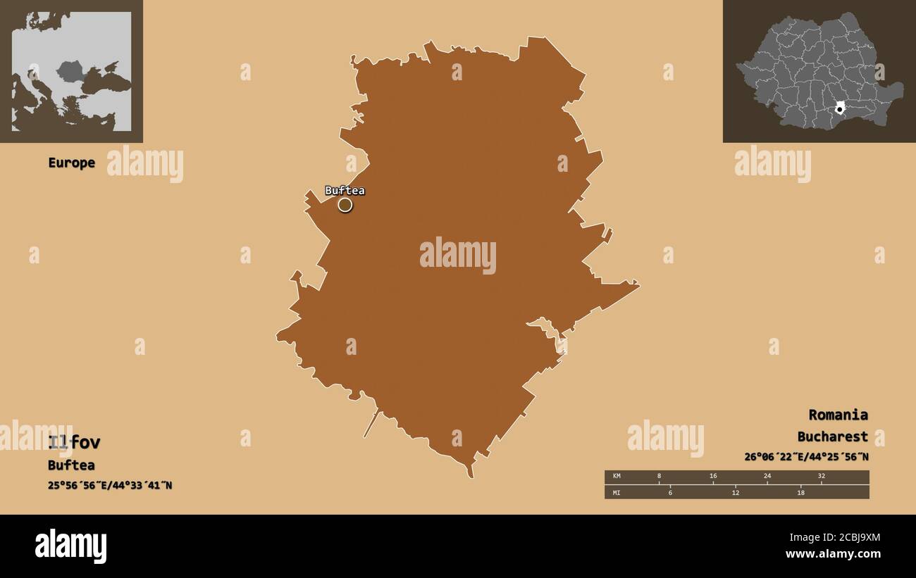 Shape of Ilfov, county of Romania, and its capital. Distance scale ...