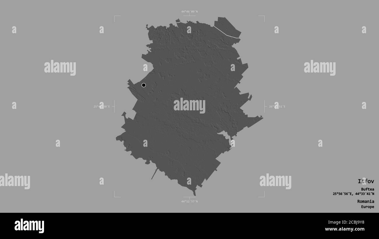 Area of Ilfov, county of Romania, isolated on a solid background in a ...