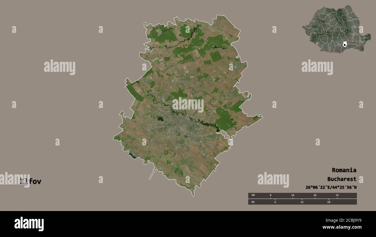 Shape of Ilfov, county of Romania, with its capital isolated on solid ...