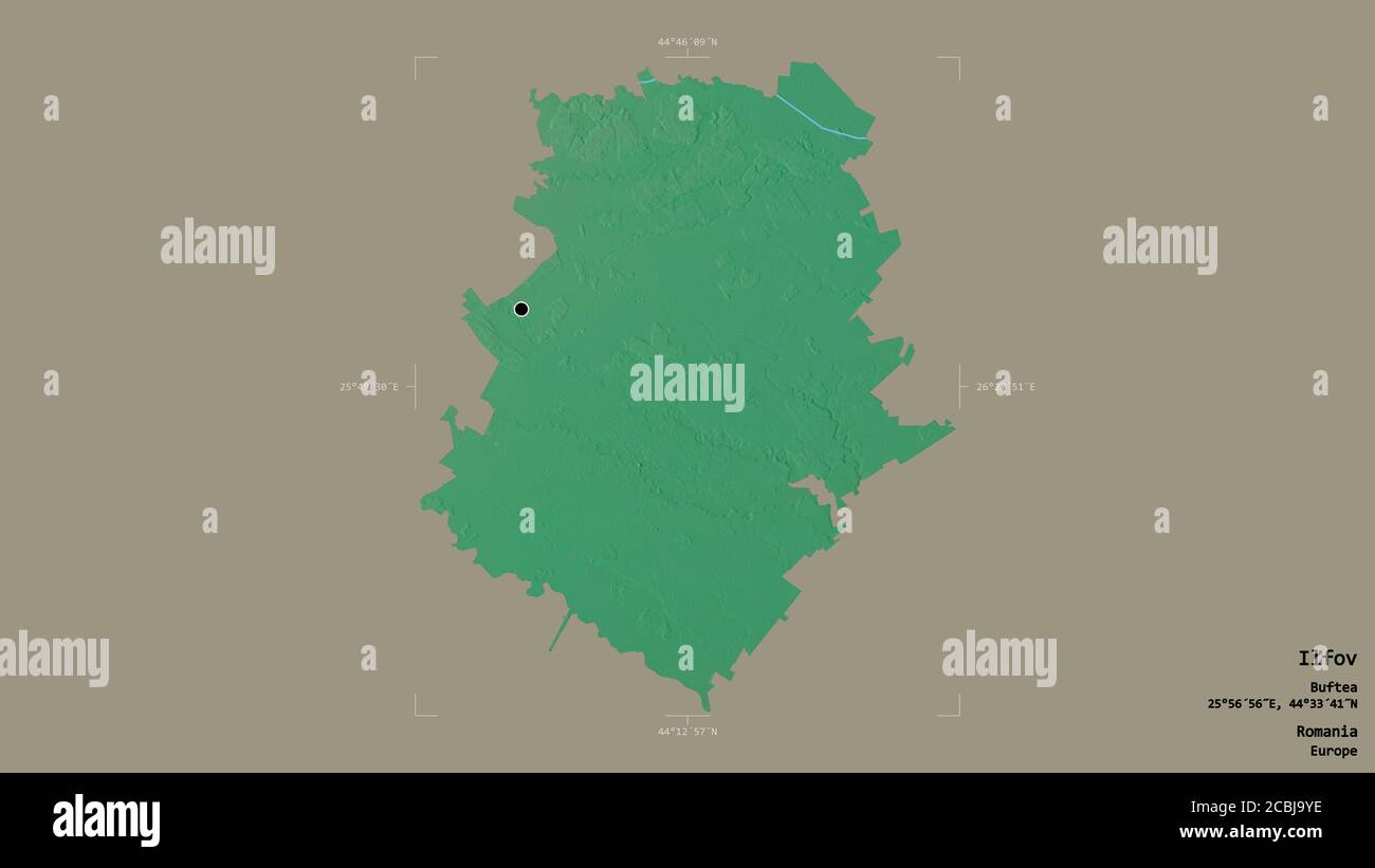 Area of Ilfov, county of Romania, isolated on a solid background in a ...