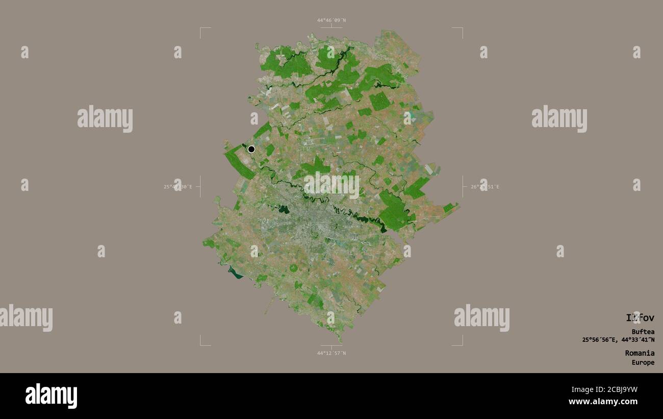 Area of Ilfov, county of Romania, isolated on a solid background in a ...