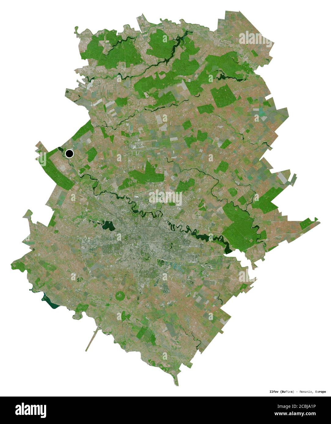 Shape of Ilfov, county of Romania, with its capital isolated on white ...