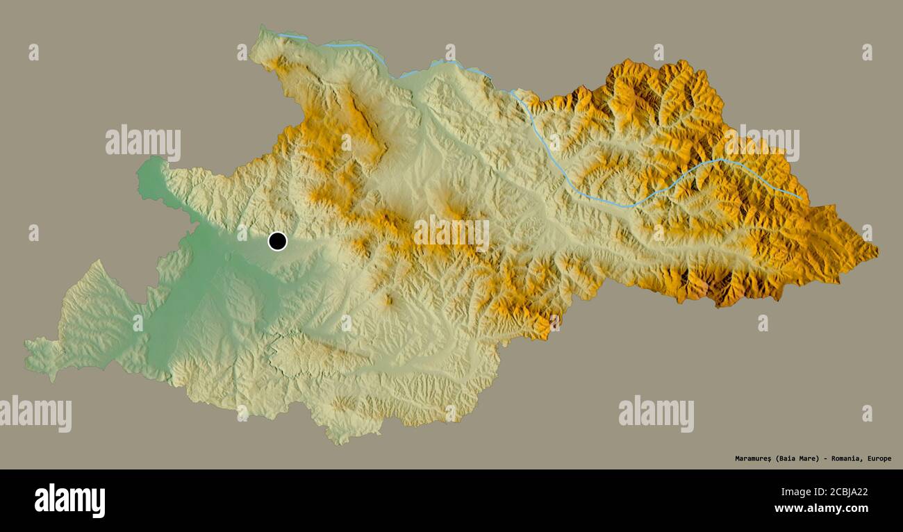 Shape of Maramureș, county of Romania, with its capital isolated on a ...