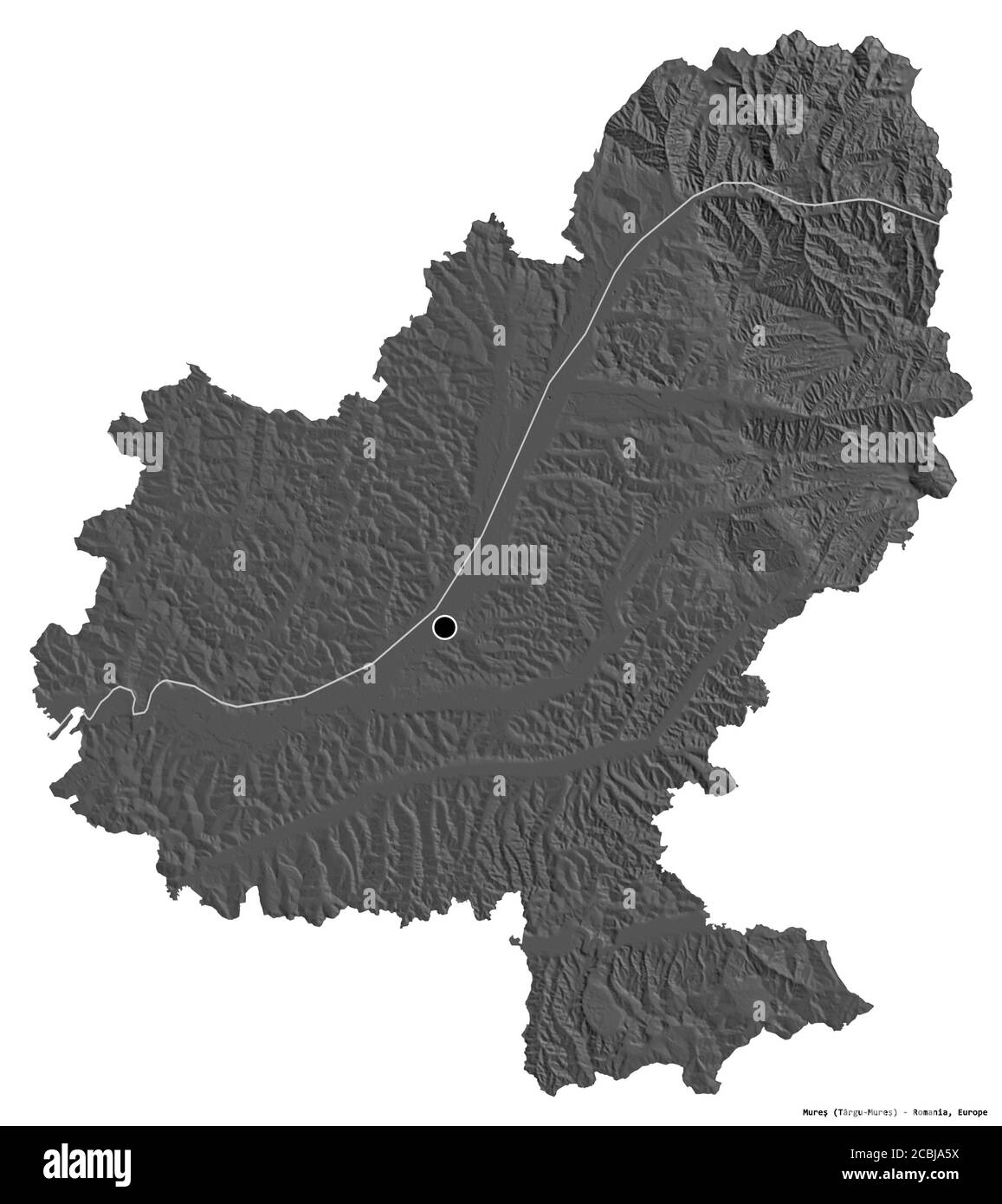 Shape of Mureș, county of Romania, with its capital isolated on white ...