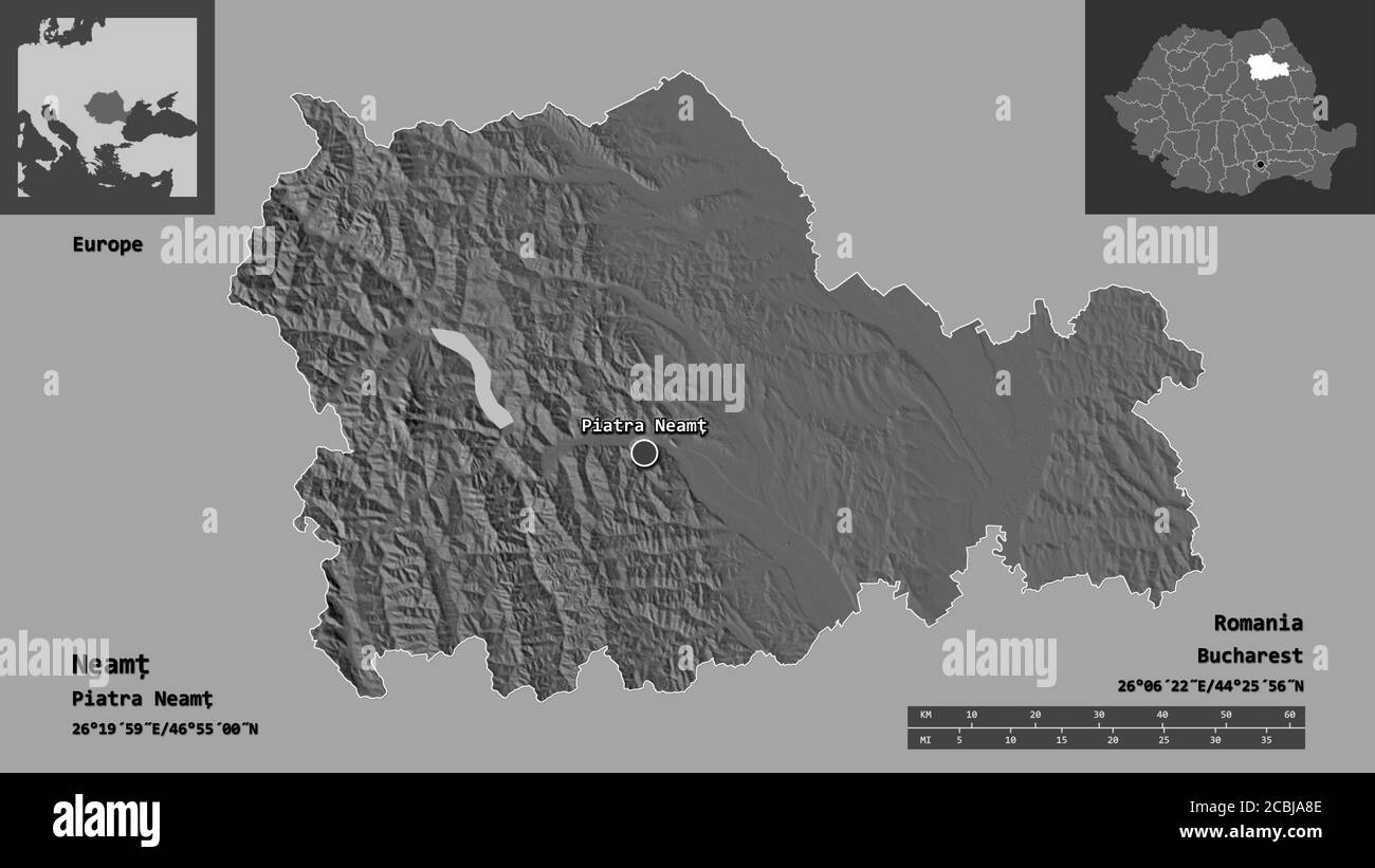 Shape of Neamț, county of Romania, and its capital. Distance scale ...