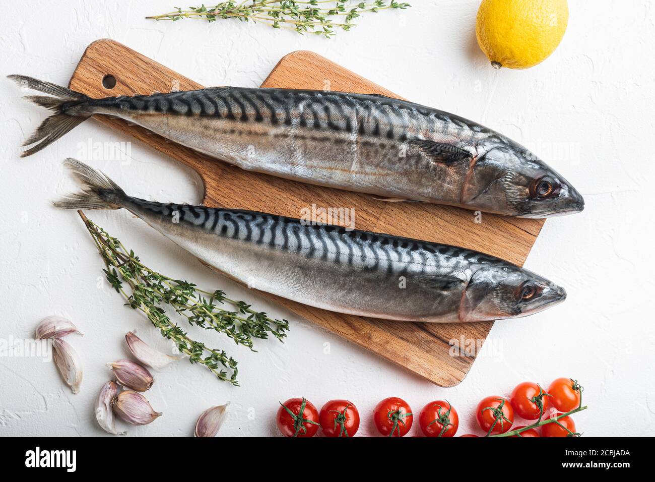 Two whole mackerel with ingredients on white textured background, flat ...