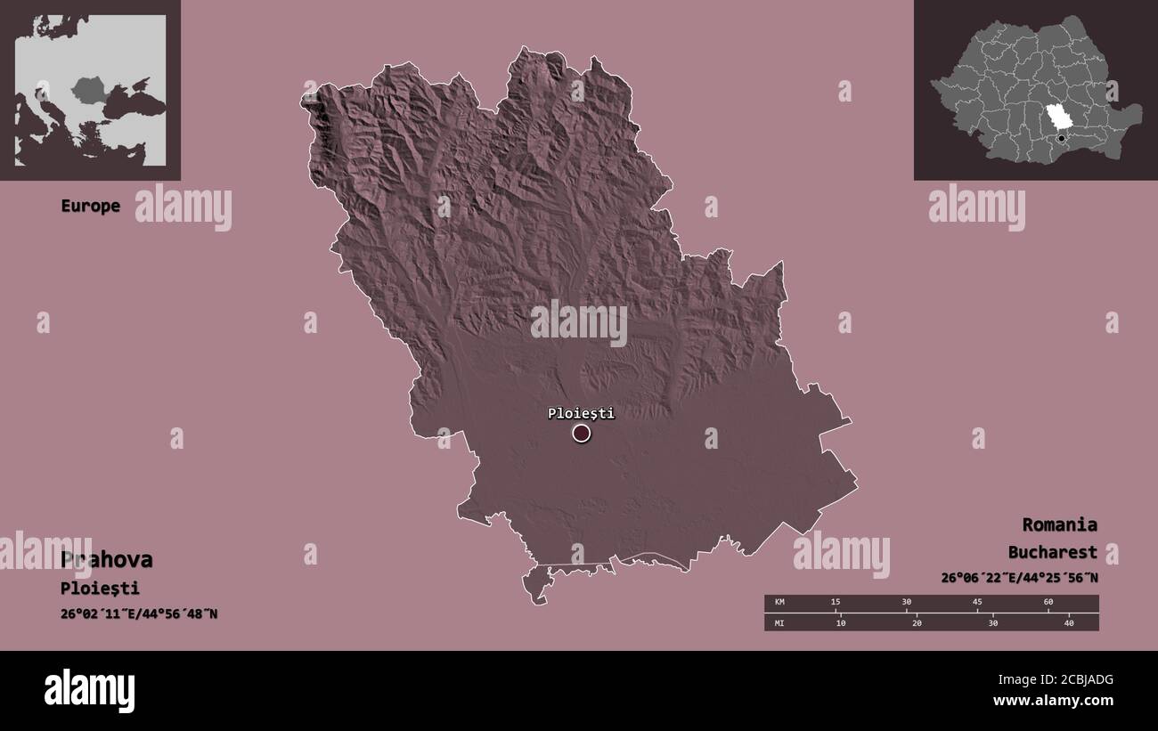 Shape of Prahova, county of Romania, and its capital. Distance scale ...