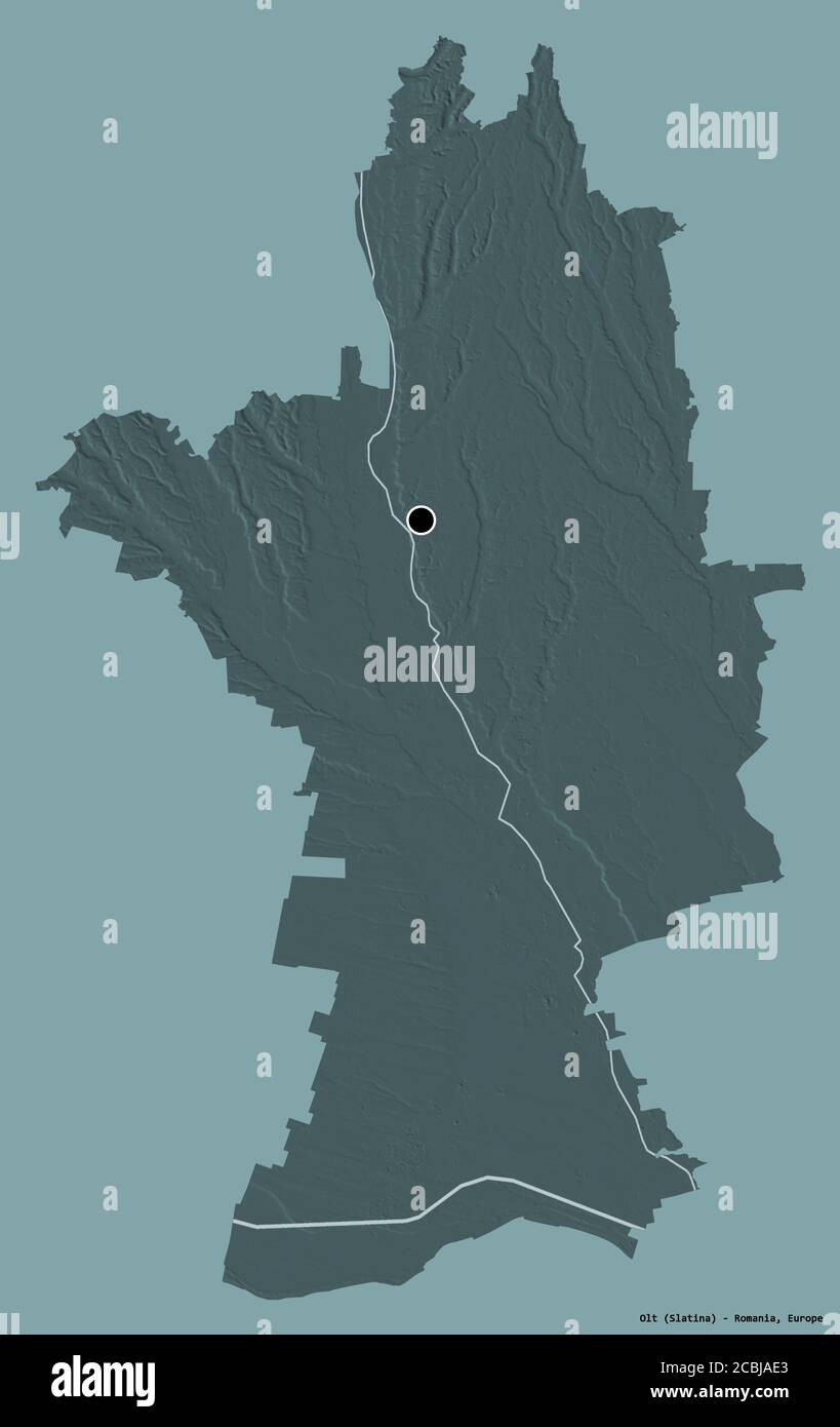Shape of Olt, county of Romania, with its capital isolated on a solid ...