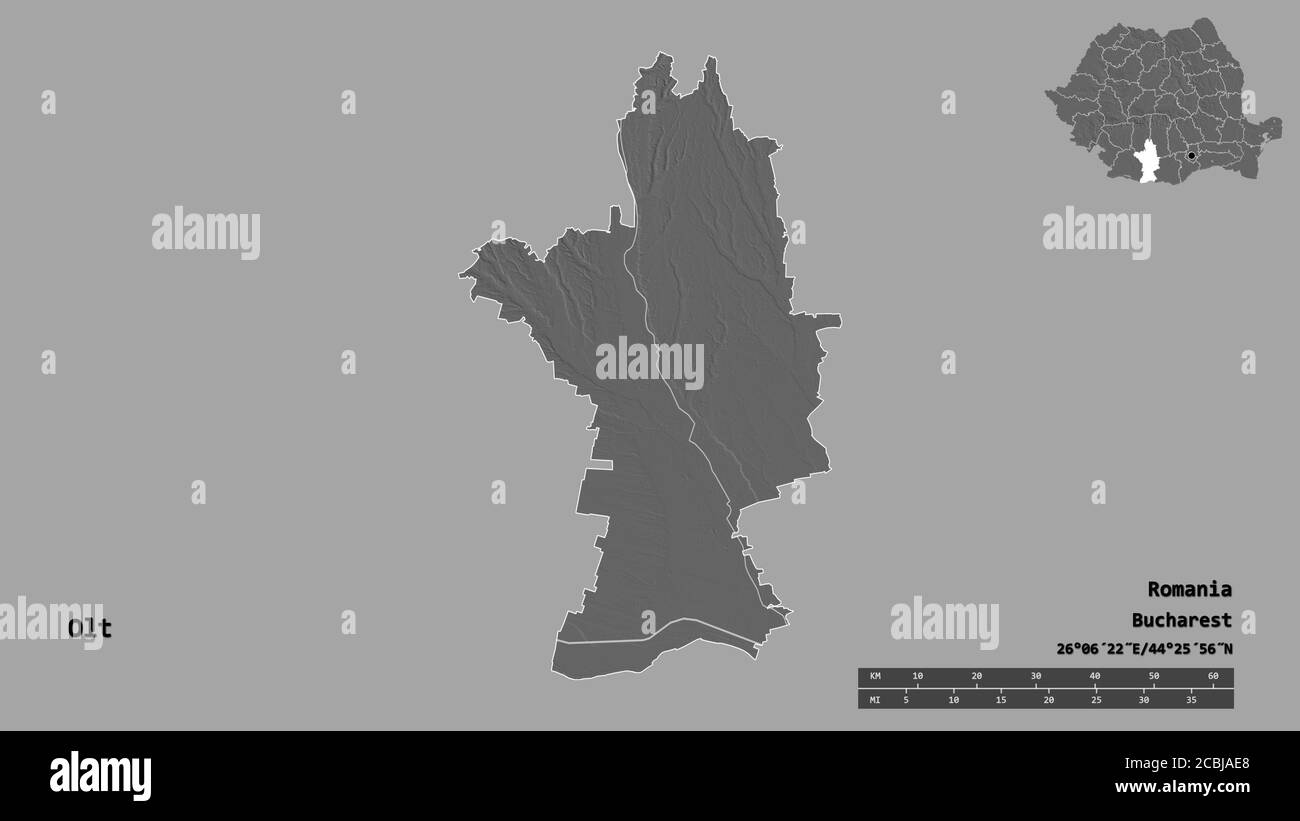 Shape of Olt, county of Romania, with its capital isolated on solid ...