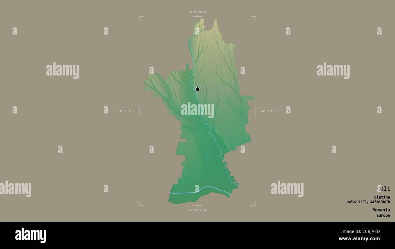 Area of Olt, county of Romania, isolated on a solid background in a ...
