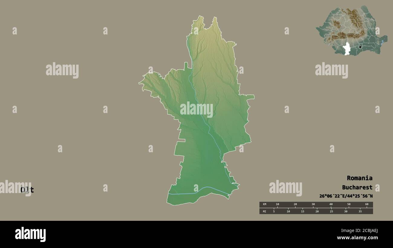 Shape of Olt, county of Romania, with its capital isolated on solid ...