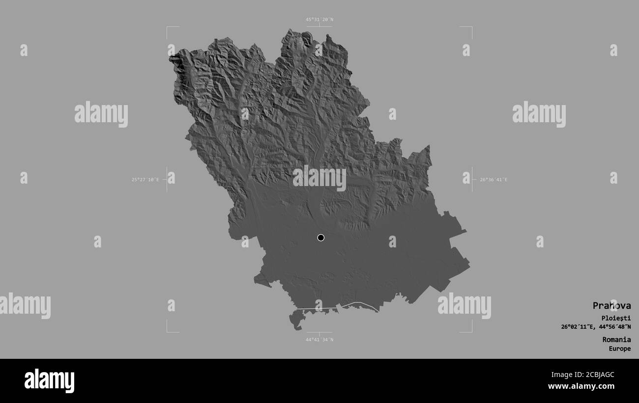 Area of Prahova, county of Romania, isolated on a solid background in a ...