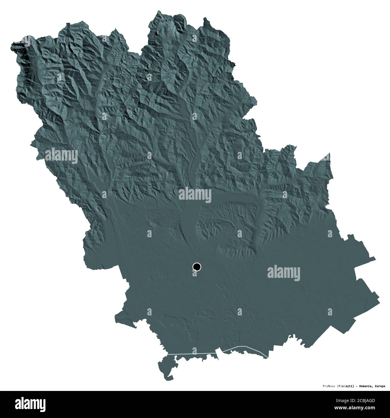 Shape of Prahova, county of Romania, with its capital isolated on white ...