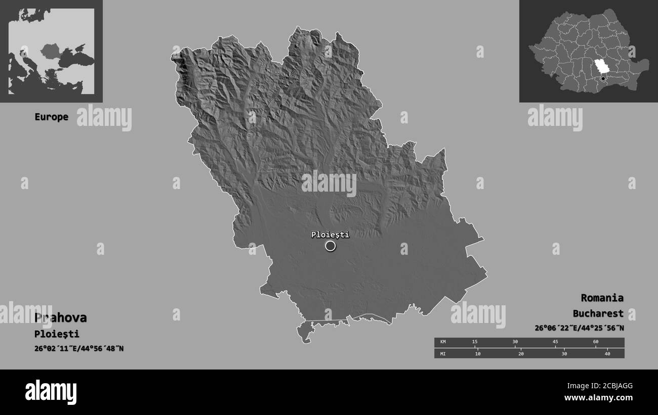Shape of Prahova, county of Romania, and its capital. Distance scale ...