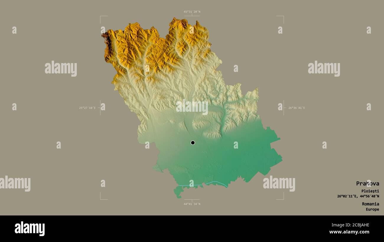 Area of Prahova, county of Romania, isolated on a solid background in a ...