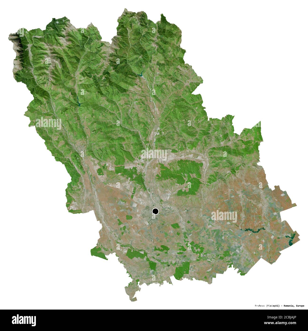 Shape of Prahova, county of Romania, with its capital isolated on white ...