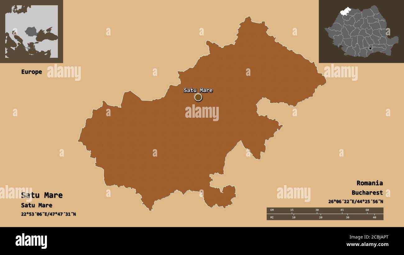 Shape of Satu Mare, county of Romania, and its capital. Distance scale ...