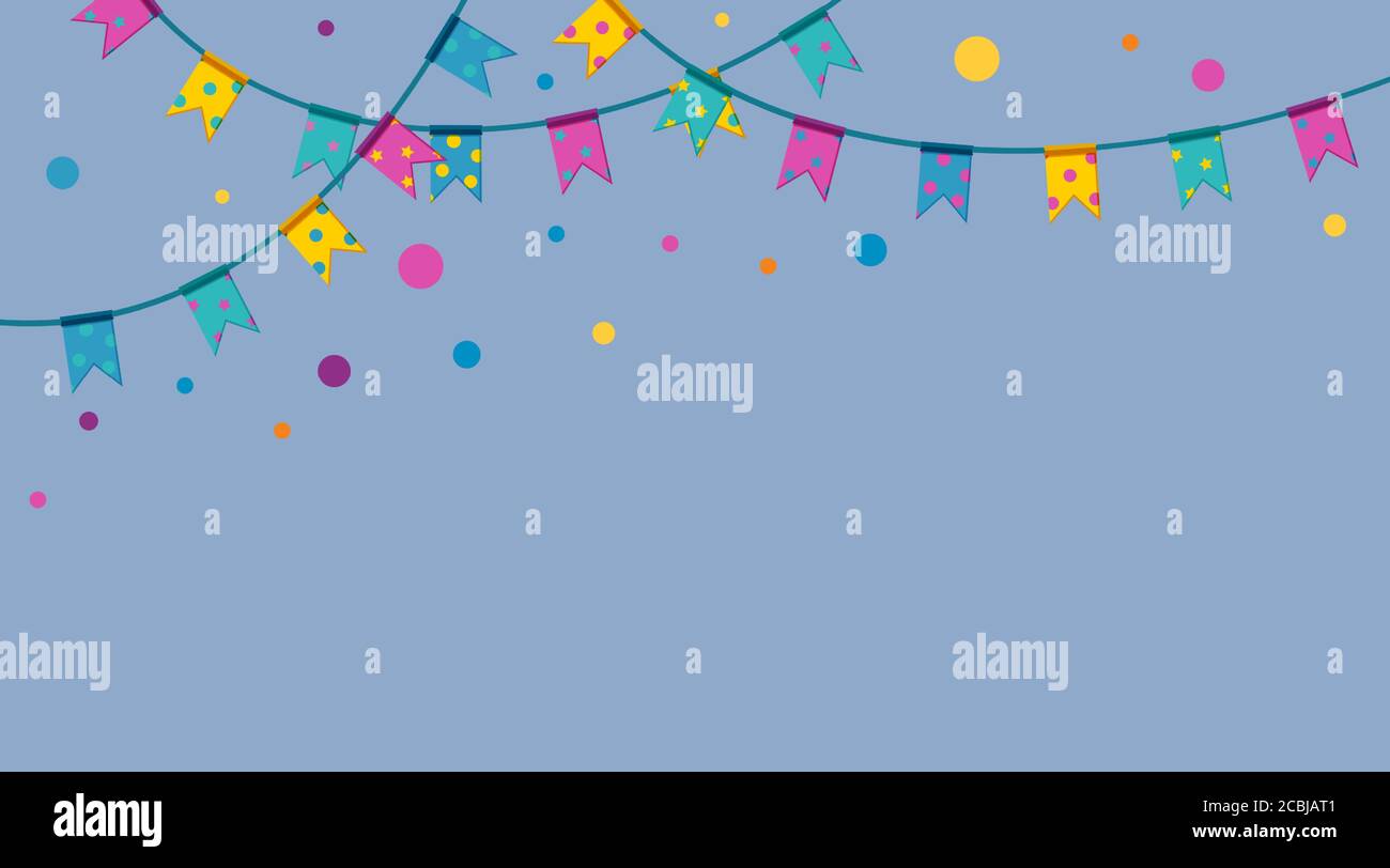 Festival flag garlands with colorful confetti. Three strings with flags ...